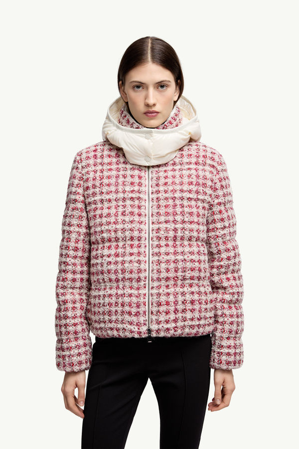 White & Red Andronne Tweed Hooded Short Down Jacket - Short Down ...
