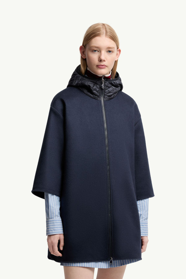 Mantella con zip e cappuccio in lana Blu Scuro - Mantelle Donna ...