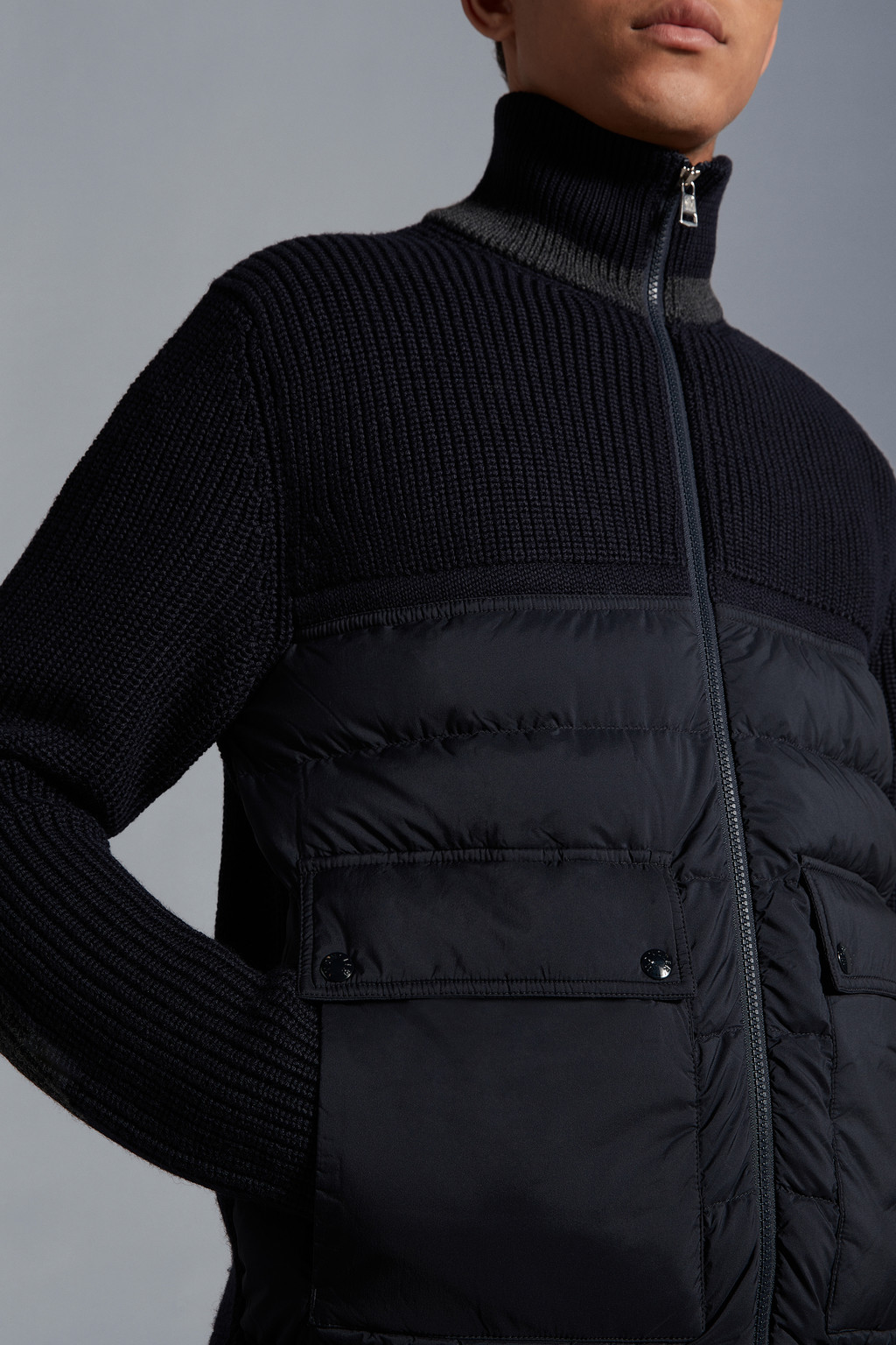 Navy Blue Padded Wool Cardigan - Sweaters & Cardigans for Men | Moncler SI