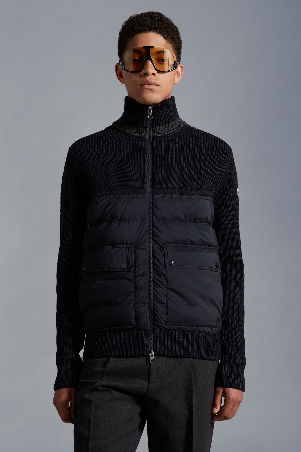Navy Blue Padded Wool Cardigan - Sweaters & Cardigans for Men | Moncler SI