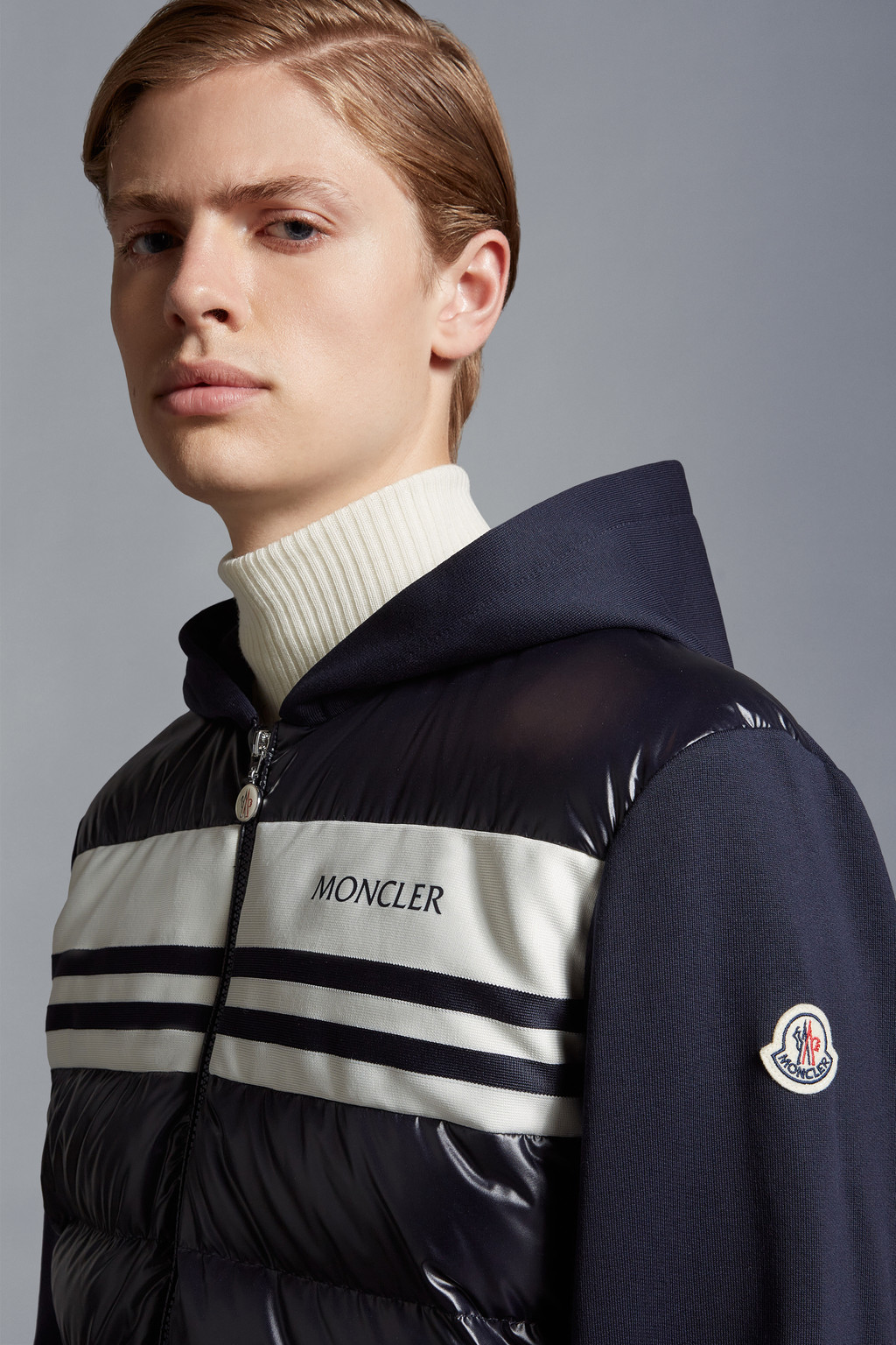 Navy Blue Padded Cotton Zip-Up Hoodie - Sweatshirts for Men | Moncler PT