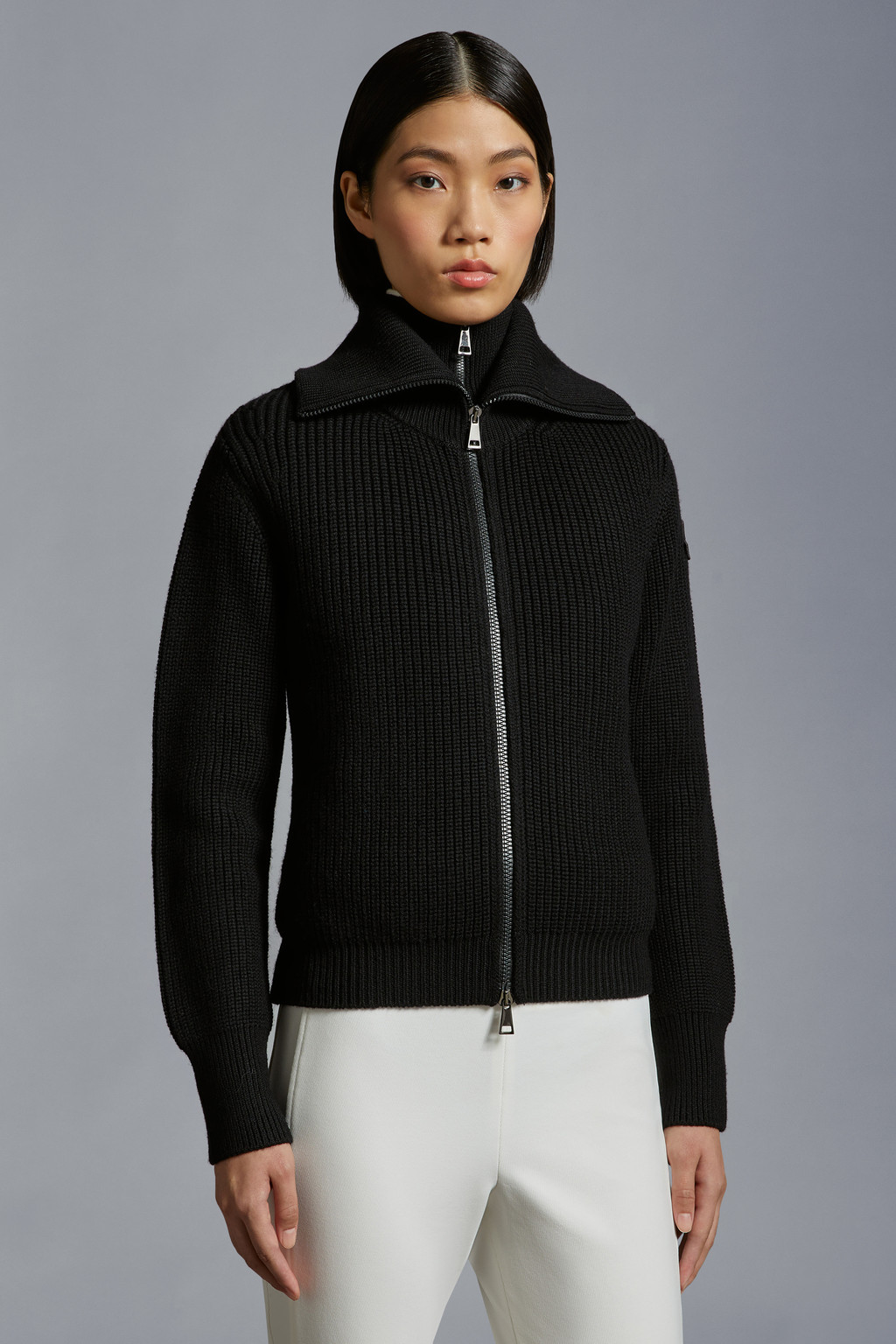 Black Padded Wool Zip-Up Cardigan - Sweaters & Cardigans for Women ...
