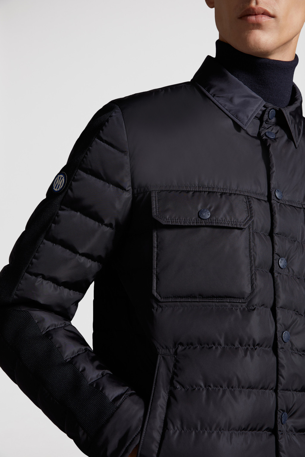 Navy Blue Inter x Moncler Down Shacket - Lightweight Down Jackets for ...