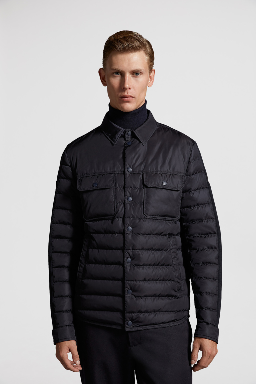 Navy Blue Inter x Moncler Down Shacket - Lightweight Down Jackets for ...