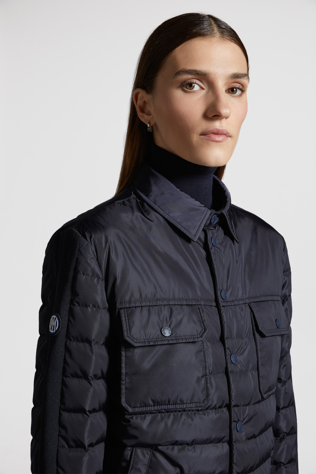 Navy Blue Inter x Moncler Down Shacket - Lightweight Down Jackets for ...