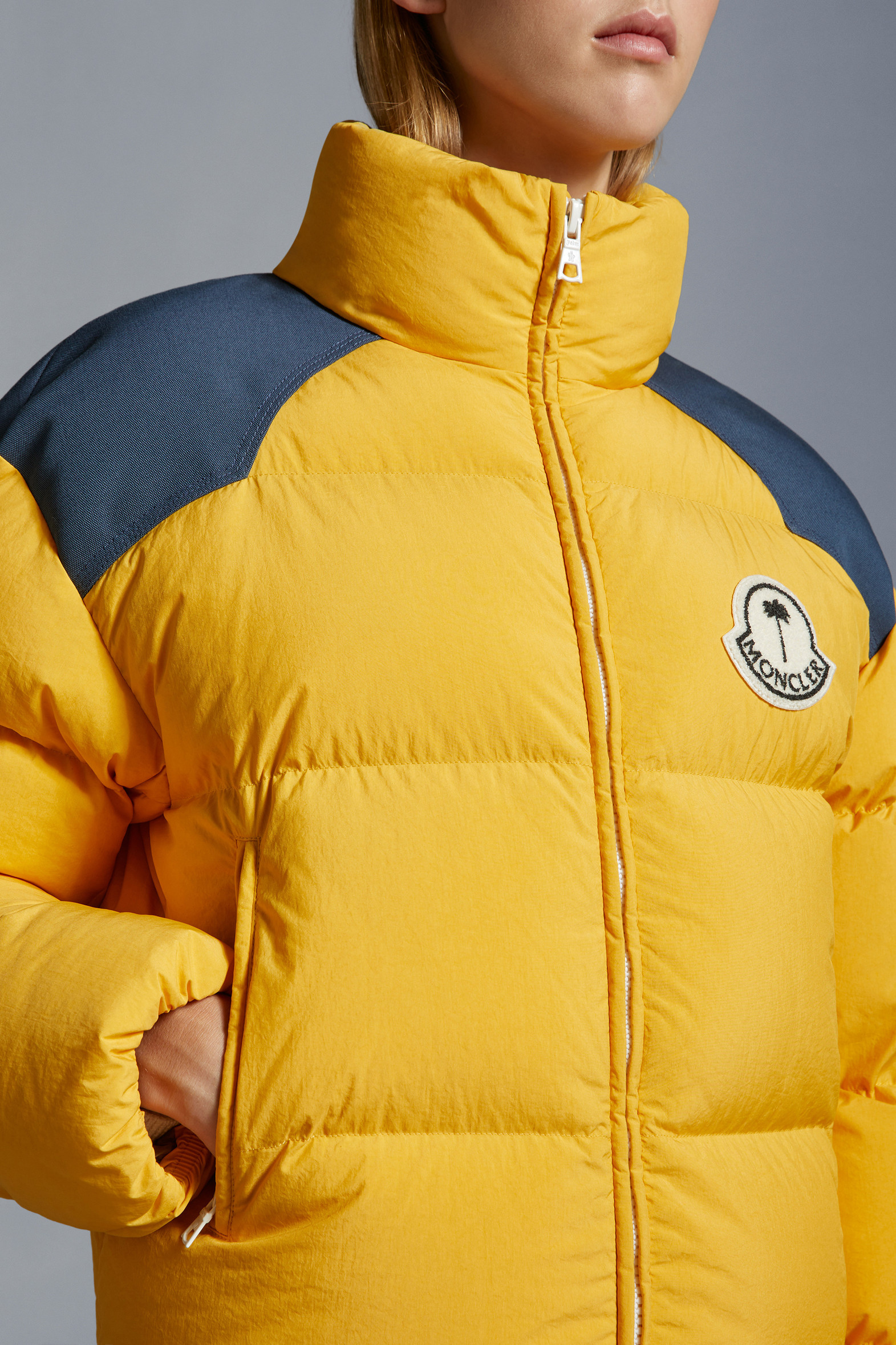Yellow & Blue Nevis Short Down Jacket - Moncler x Palm Angels for ...
