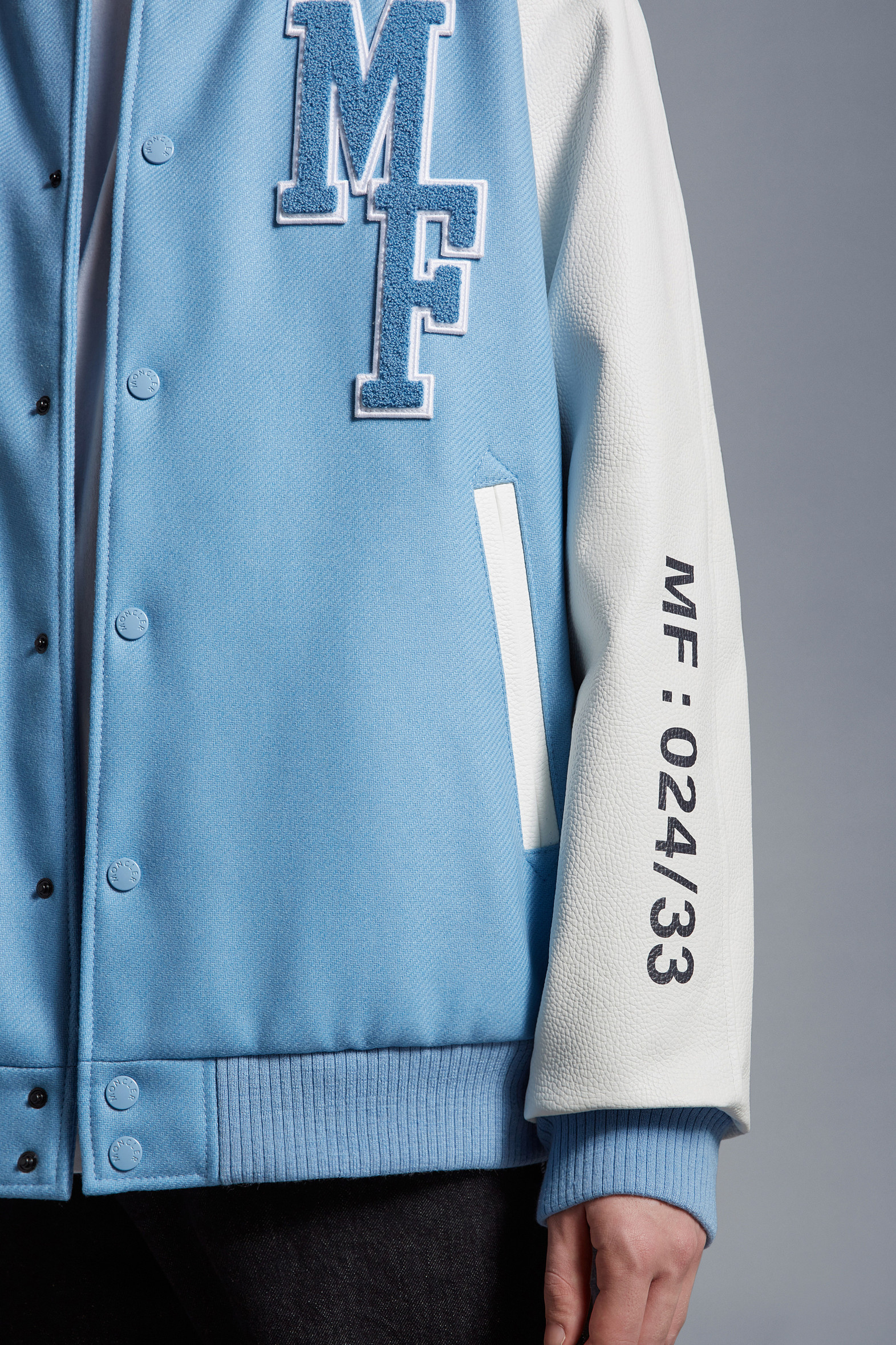 White & Light Blue Celsia Down Varsity Jacket - Moncler x Frgmnt for ...