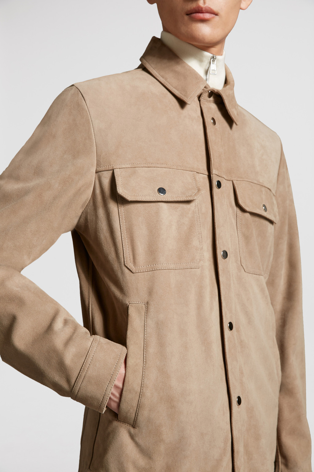 Beige Corborant Leather & Suede Shacket - Coats & Jackets for Men ...