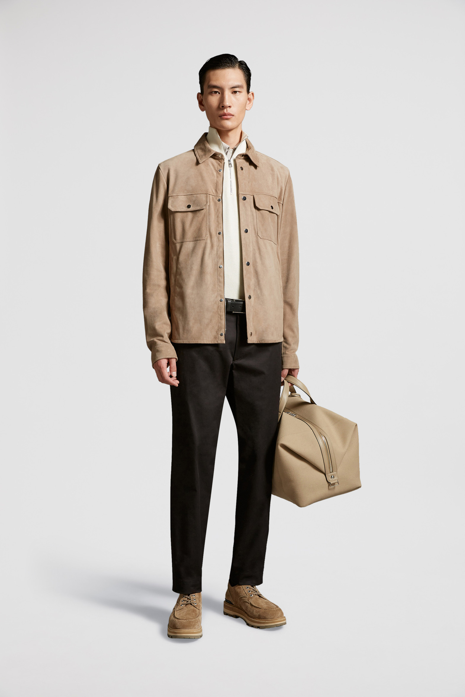 Beige Corborant Leather & Suede Shacket - Coats & Jackets for Men ...