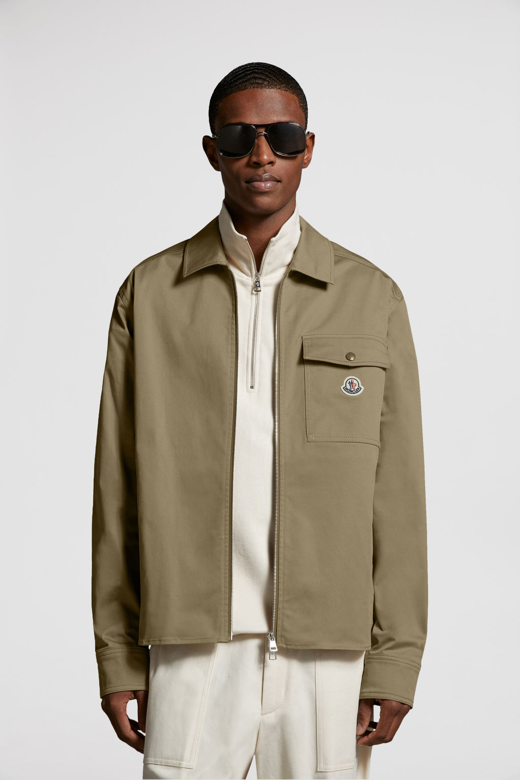 Beige Gabardine Zip-Up Shirt Jacket - Coats & Jackets for Men | Moncler CZ