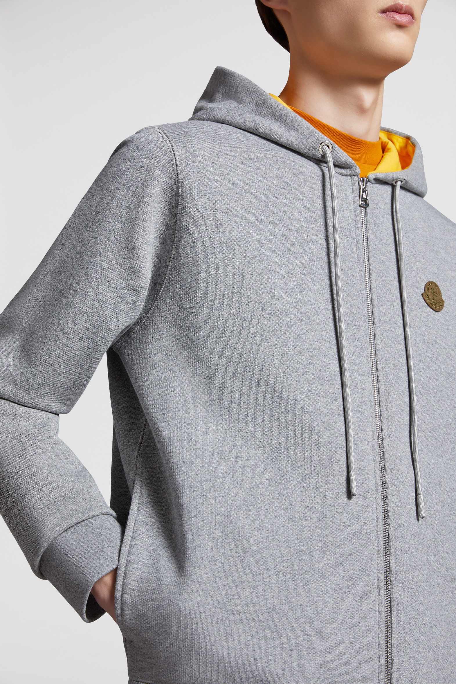 Light Gray Logo Patch Zip-Up Hoodie - Sweatshirts for Men | Moncler EE