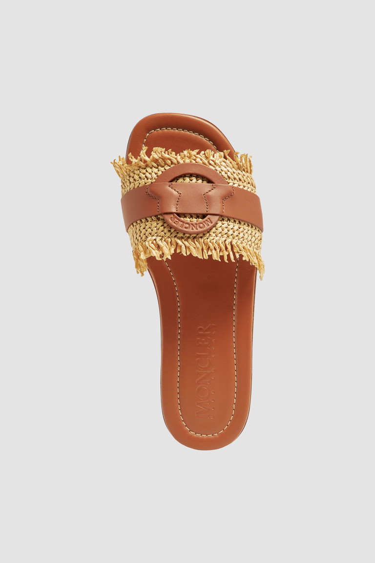 Beige & Brown Bell Raffia & Leather Sliders - Sandals & Sliders for ...
