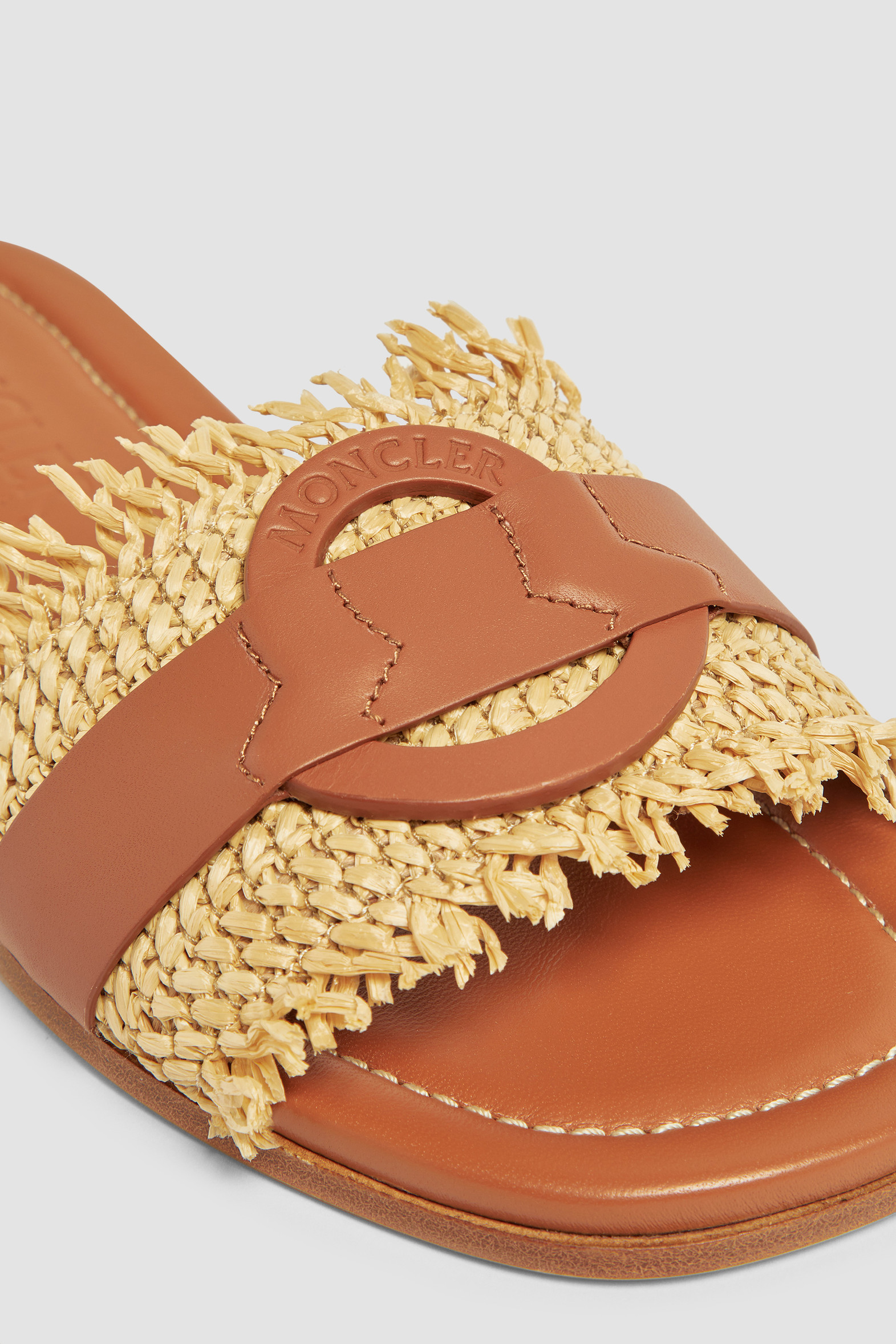 Beige & Brown Bell Raffia & Leather Sliders - Sandals & Sliders for ...