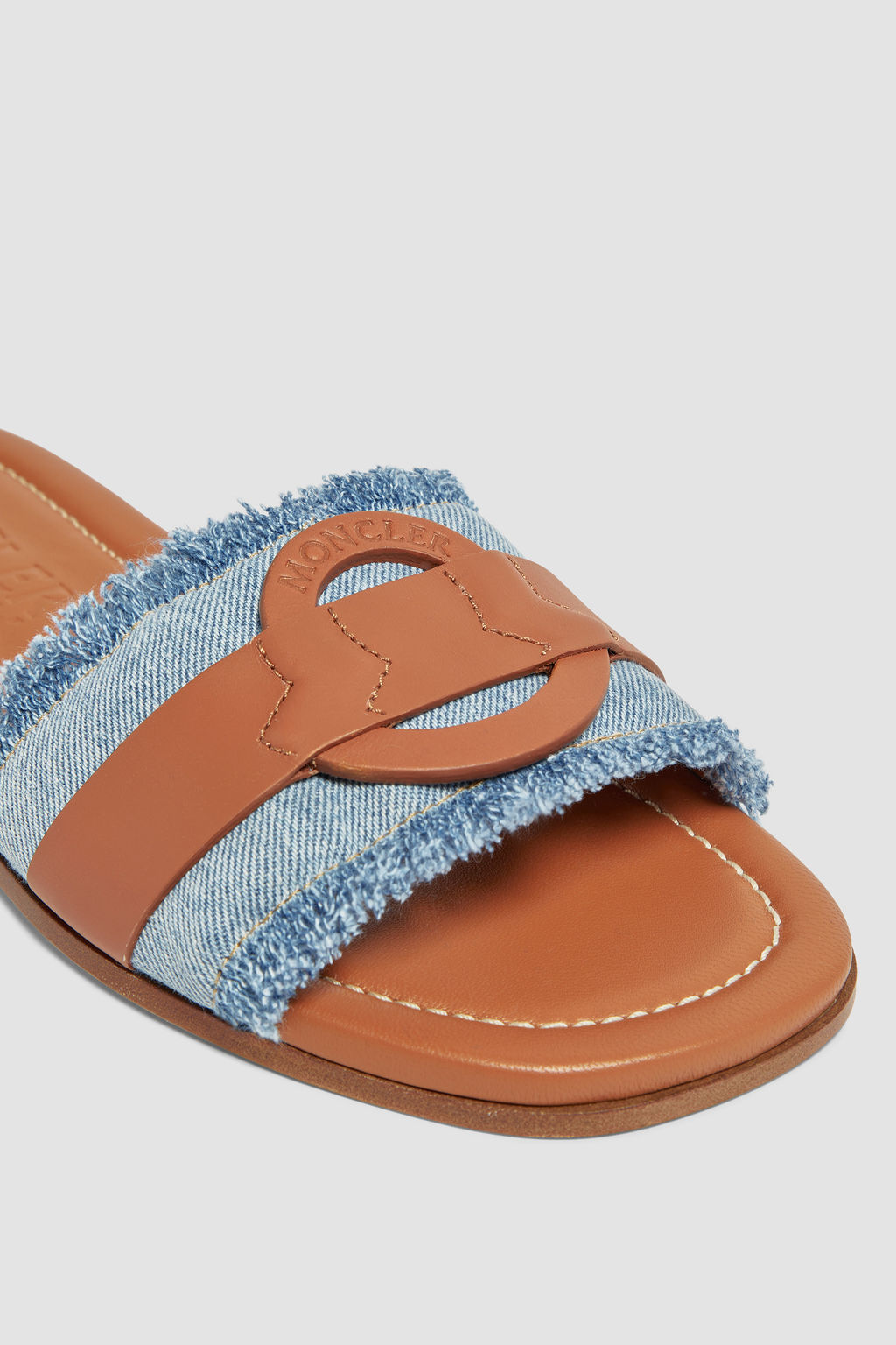 Light Blue & Brown Bell Denim & Leather Sliders - Sandals & Sliders for ...