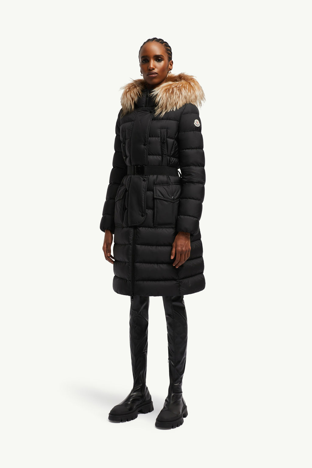 Khloe lange Daunenjacke Schwarz & Beige - Lange Daunenjacken für Damen | Moncler DE