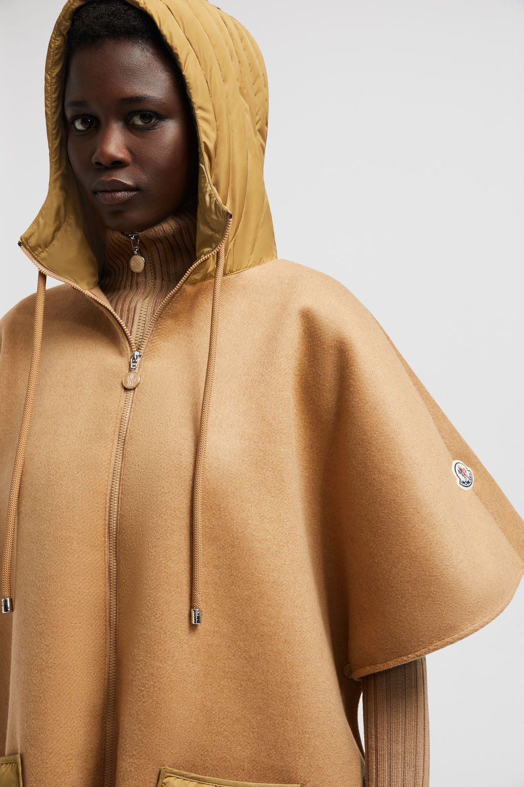 Camel Beige Hooded Down Cape - Capes for Women | Moncler PT