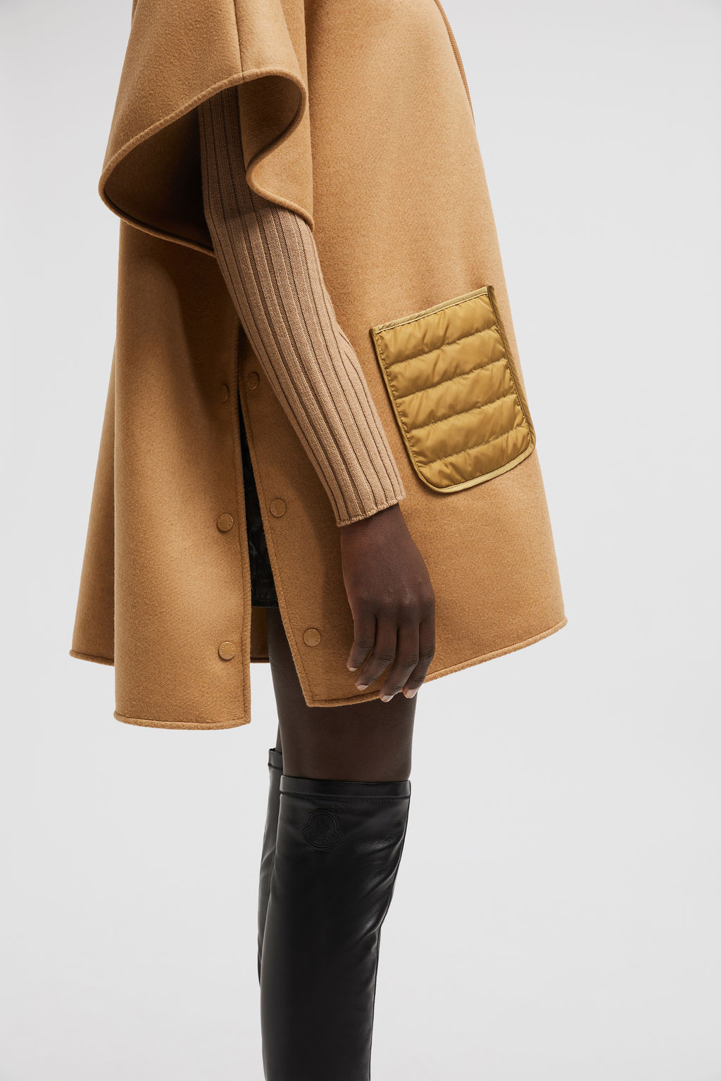 Camel Beige Hooded Down Cape - Capes for Women | Moncler PT